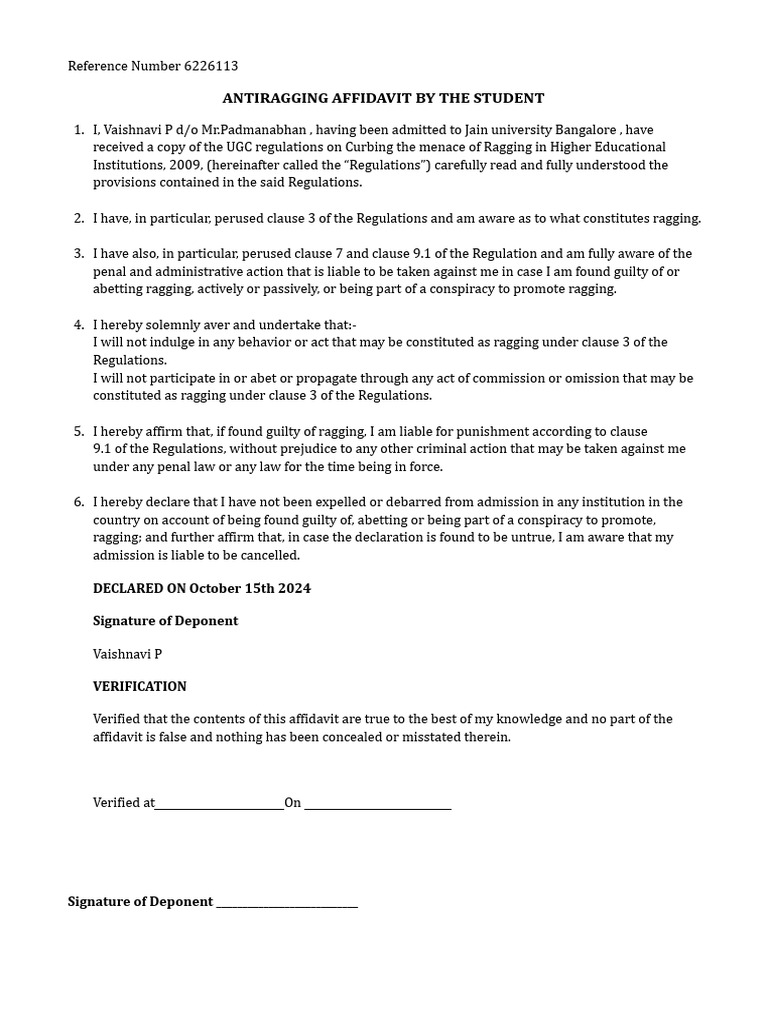 Anti Ragging Affidavit Form | PDF