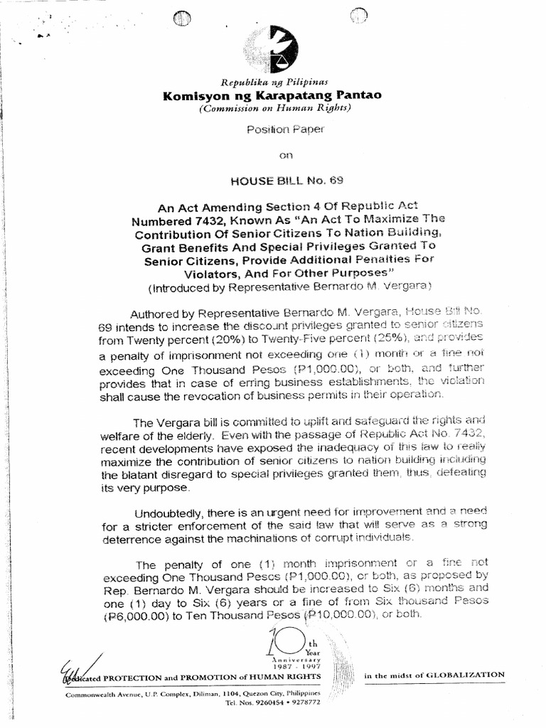 Position Paper On Act To Maximize The Contribution of Senior Citizens | PDF