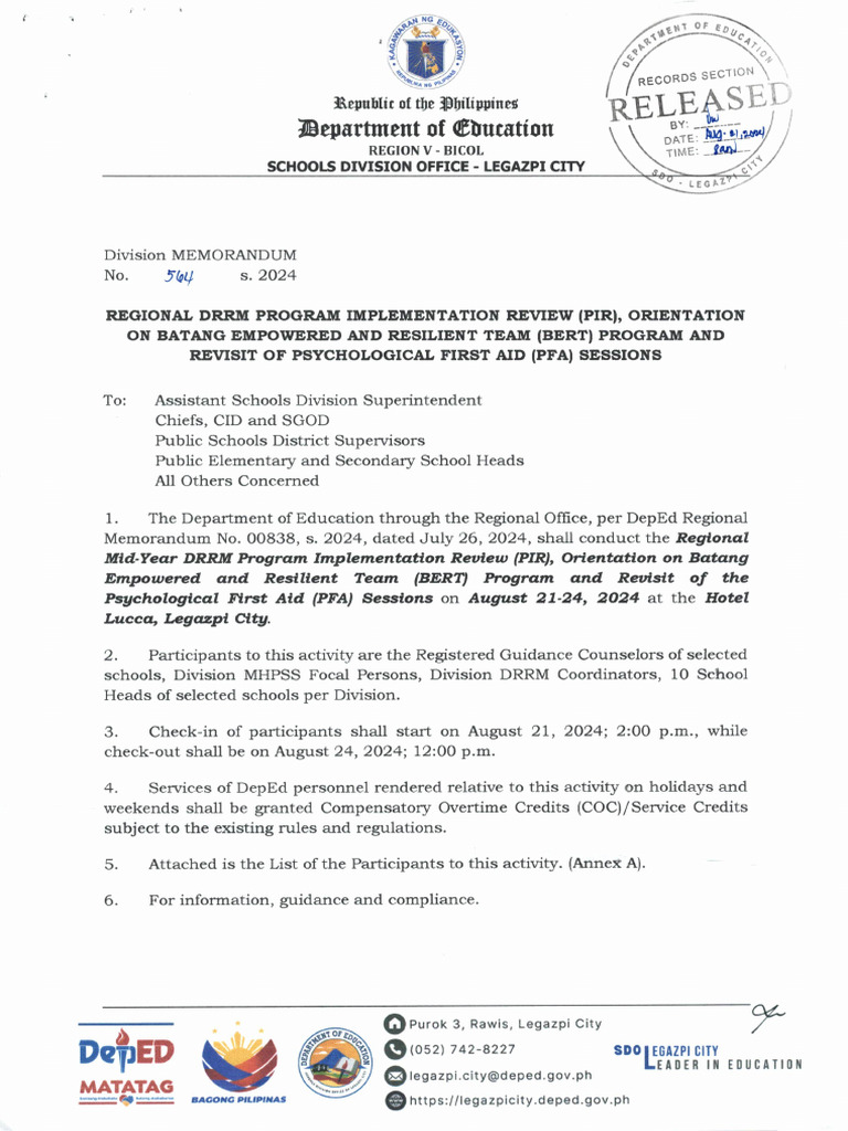 DM No. 564 s. 2024 Regional DRRM Program Implementation Review PIR ...