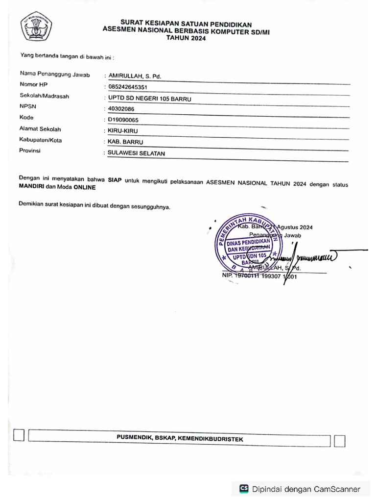 Surat Kesiapan ANBK 2024 UPTD SDN 105 Barru | PDF