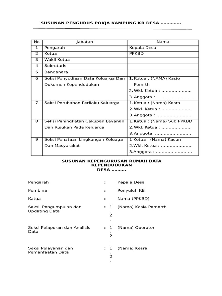 Contoh Lampiran - Susunan Pengurus Pokja Kampung KB Desa | PDF