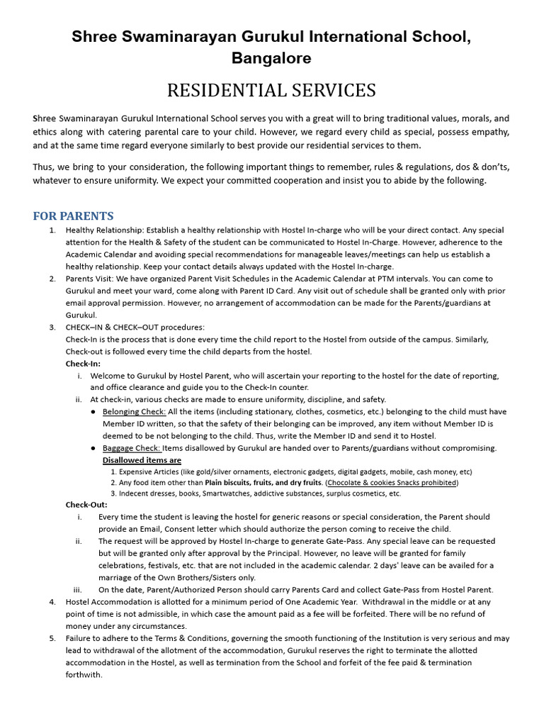 Gurukul Hostel Checklist - Hostel Services - Allowed and Not Allowed ...