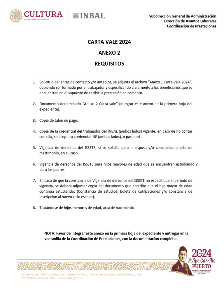 Anexo 2, Requisitos Carta Vale 2024 | PDF