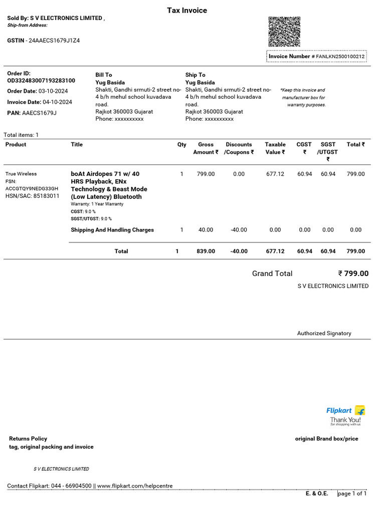 Invoice for boAt Airdopes 71 Purchase | PDF