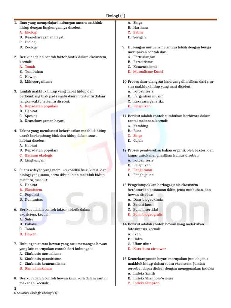 Soal Biologi Kelas 7 Semester 2 Ekologi | PDF