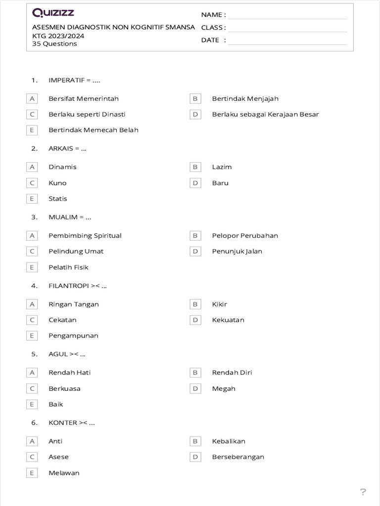 Asesmen Diagnostik Non Kognitif Smansa KTG 2023 - 2024 | PDF