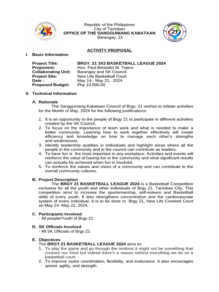 Brgy 21 Basketball League Proposal | PDF