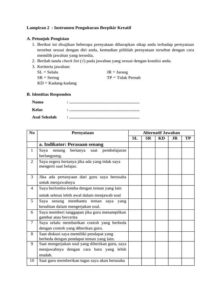 Lampiran Angket Berpikir Kratif | PDF