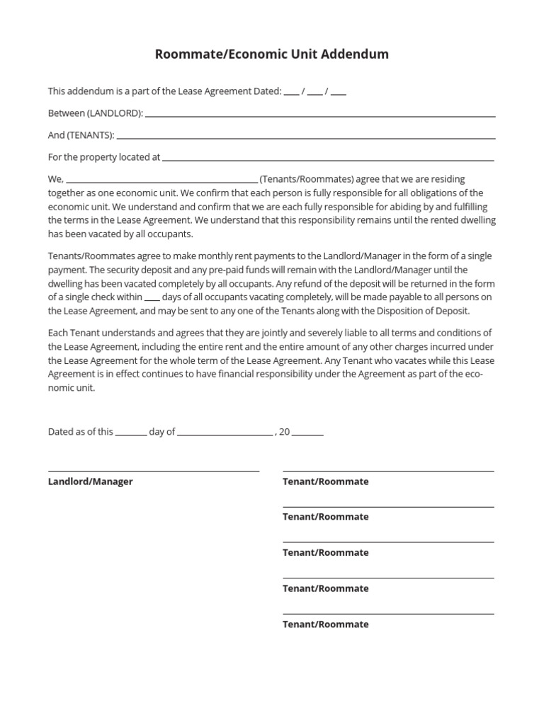 Roommate - Economic Unit Addendum PDF | PDF