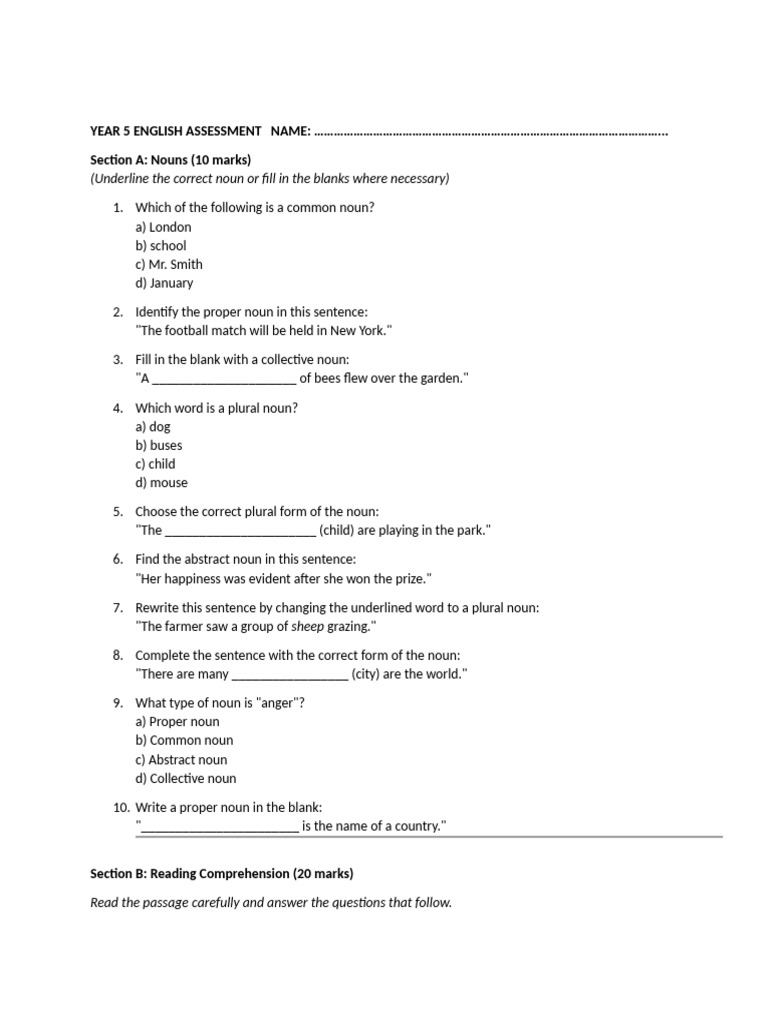 Year 5 English Assessment. | PDF