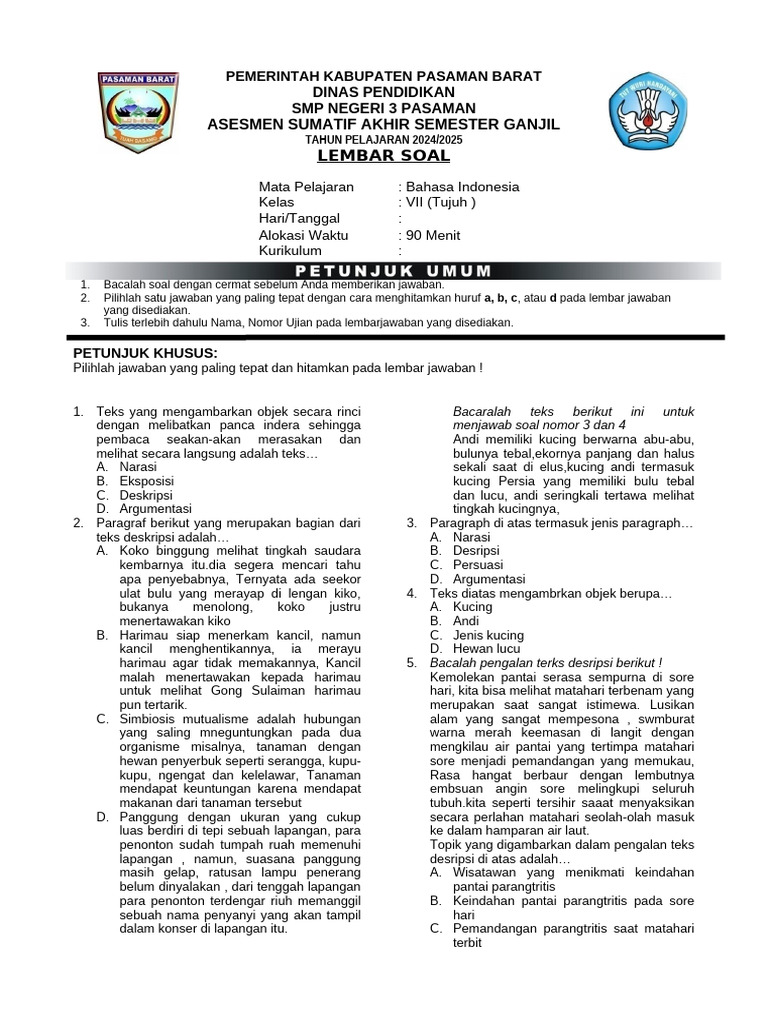 Soal SAS I TP 2024-2025 Bahasa Indonesia Kls VII | PDF