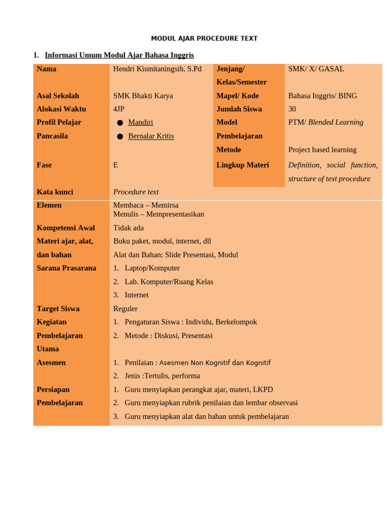 MODUL AJAR - PROCEDURE TEXT SMT 1 kismy | PDF