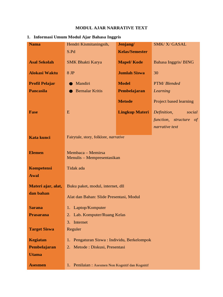 MODUL AJAR NARRATIVE TEXT SMT 1 - Kismy | PDF