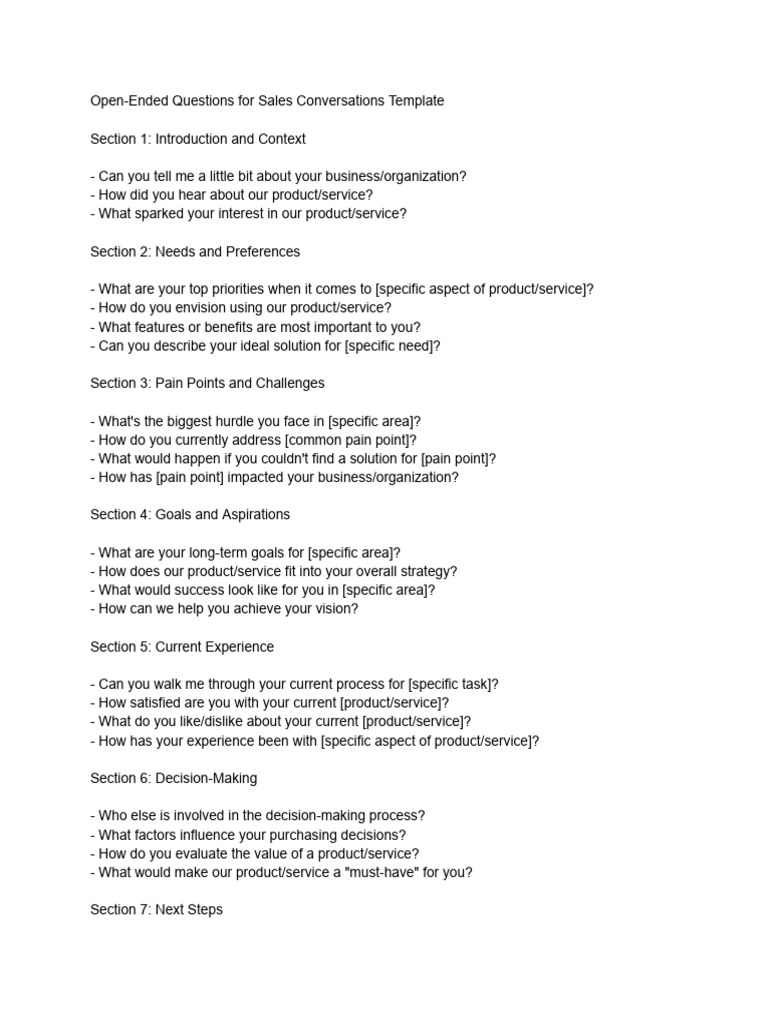 Open-Ended Sales Questions Template | PDF