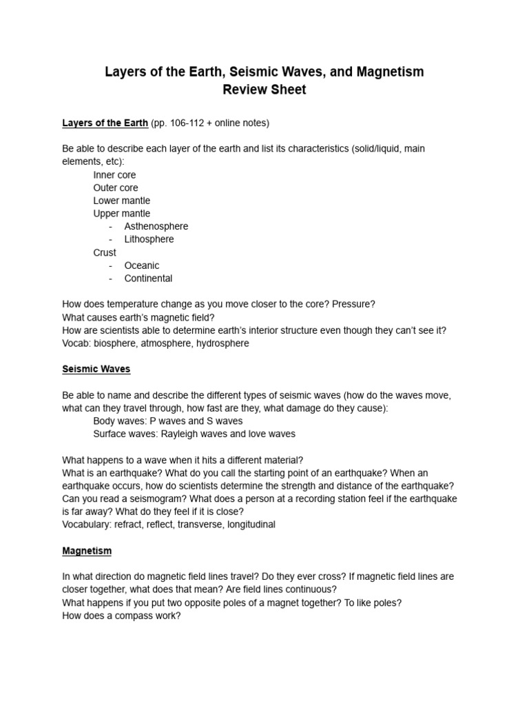 Layers of the Earth, Seismic Waves, and Magnetism Review Sheet | PDF