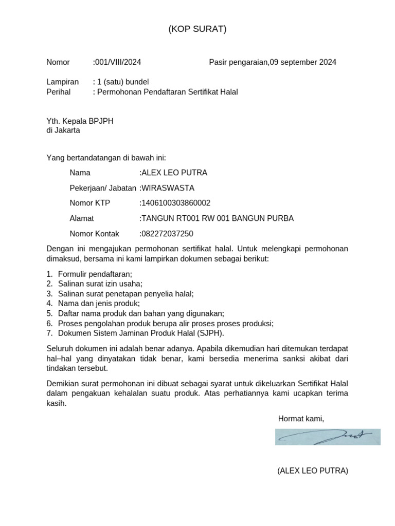 Surat Permohonan Reguler ALEX LEO PUTRA | PDF