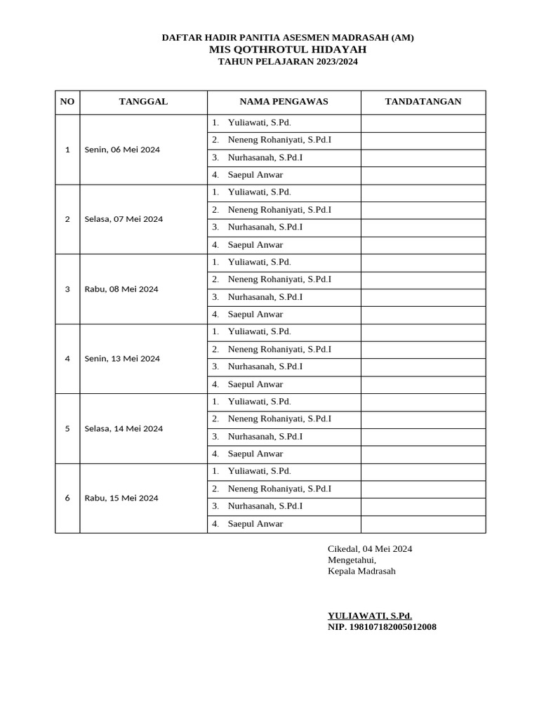 Daftar Hadir Pengawas Uam | PDF