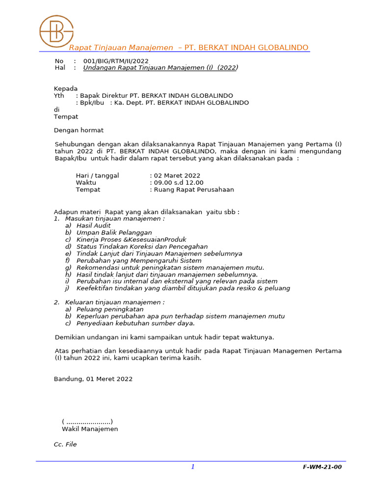 F-WM-21-00 Form Undangan Tinjauan Mgt (BIG) | PDF