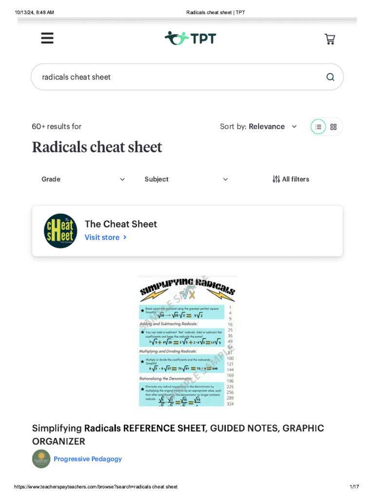 Simplifying Radicals Cheat Sheet | PDF