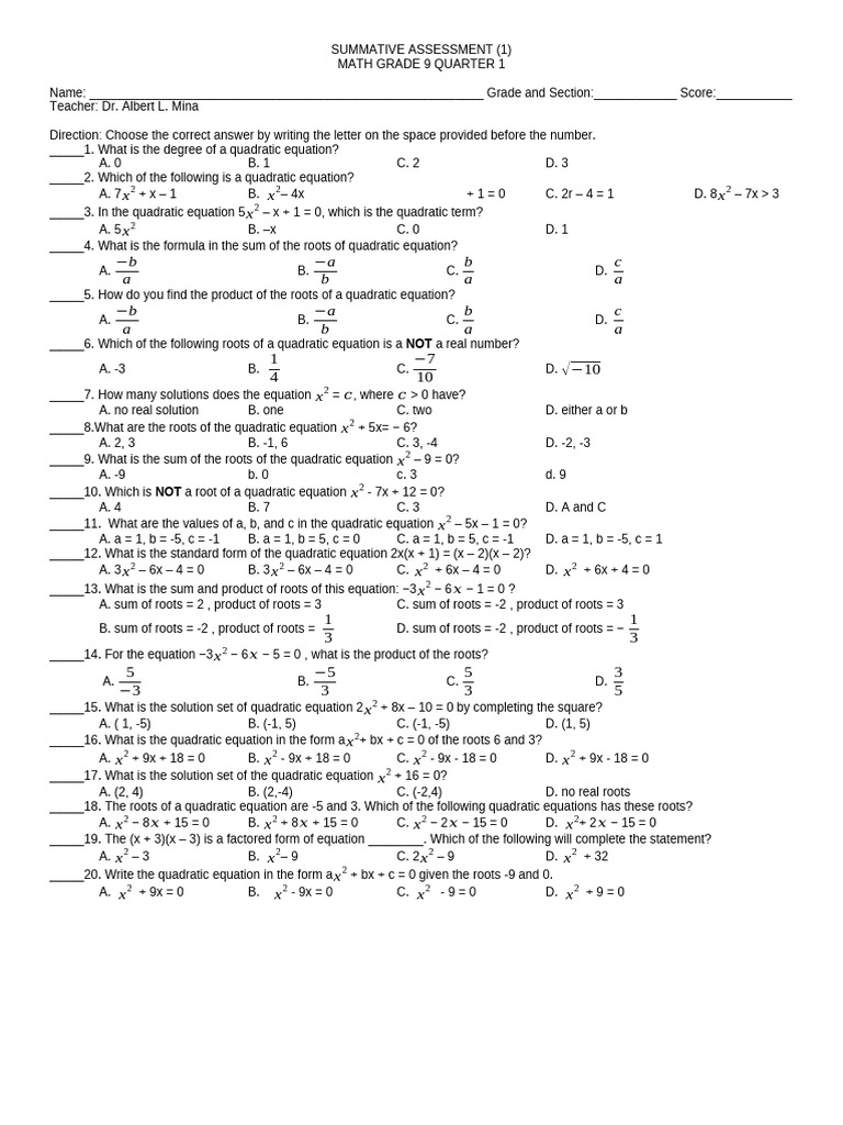 Summative Assessment 1 Q1 Math Grade 9 Quarter 1 SY 2021-2022 | PDF