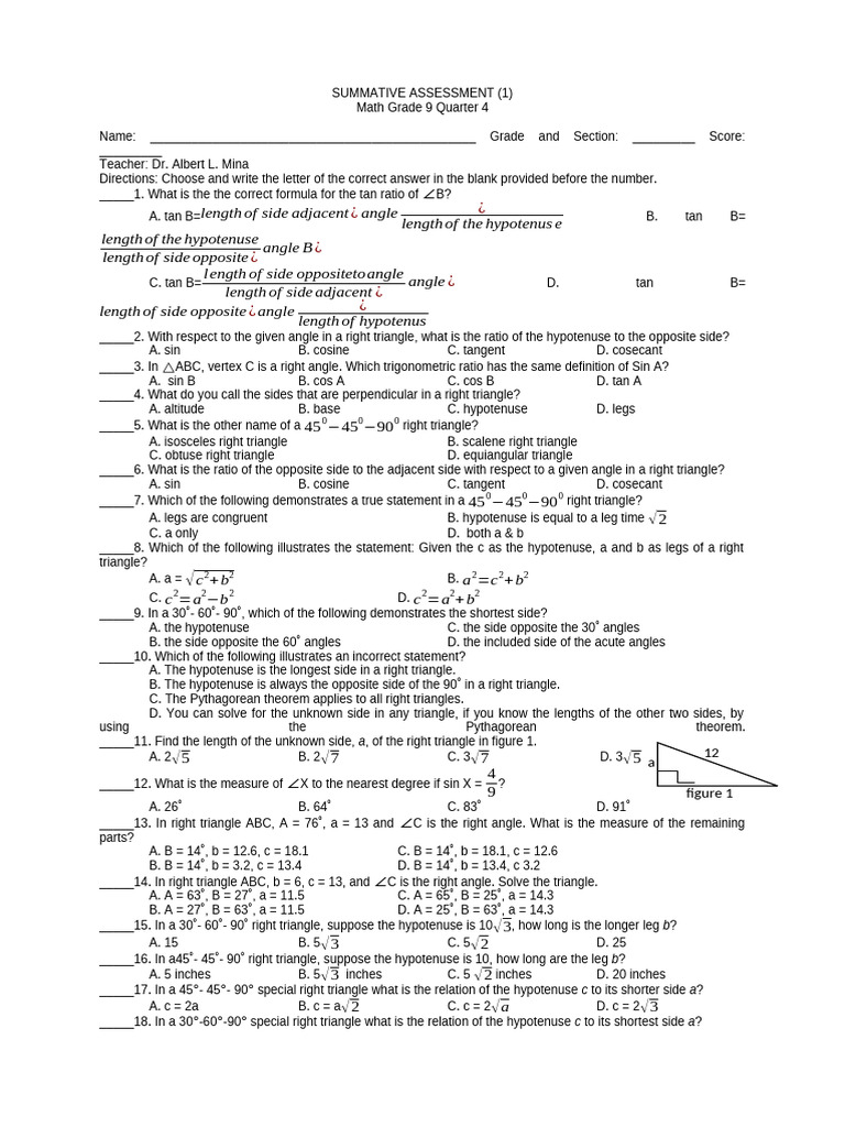 Summative Assessment 1 Q4 Math Grade 9 Quarter 4 | PDF