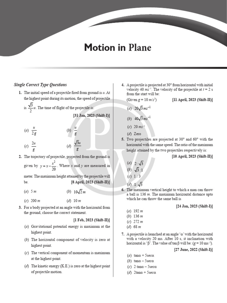 Motion in Plane _ PYQ Practice Sheet | PDF