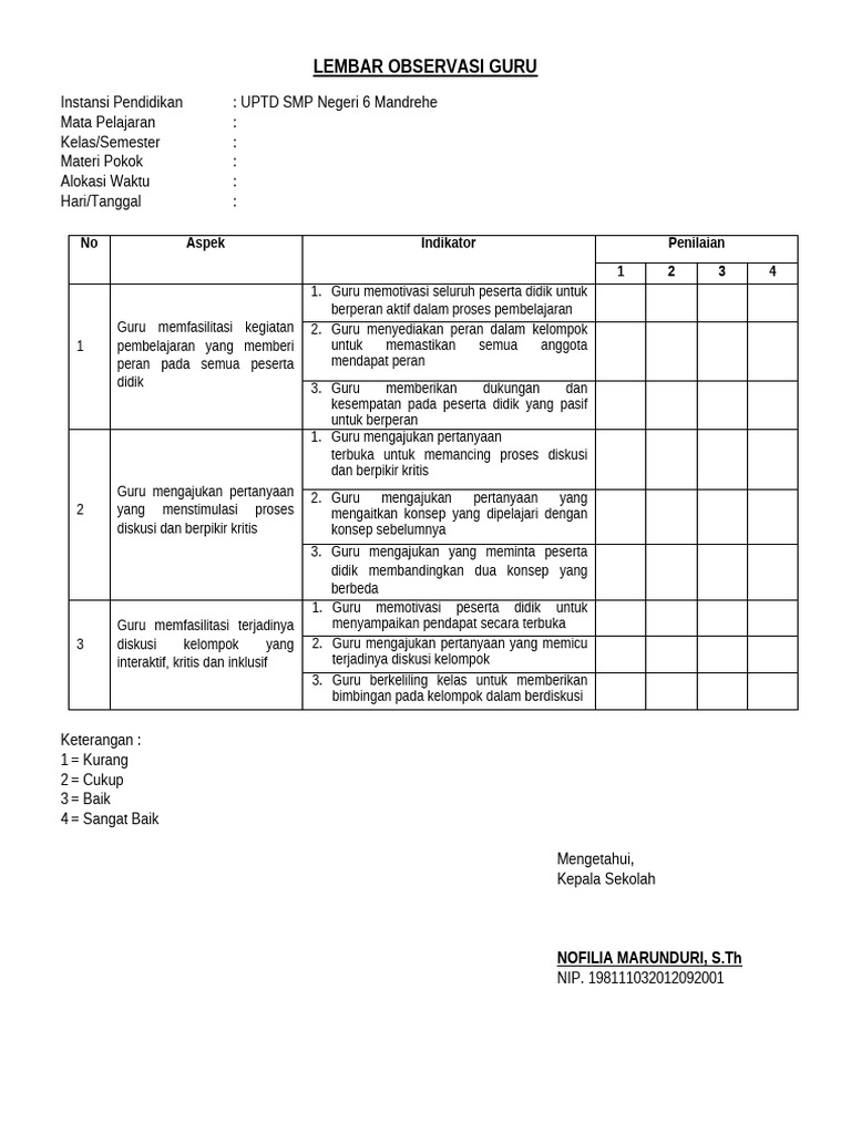 Lembar Observasi Guru | PDF