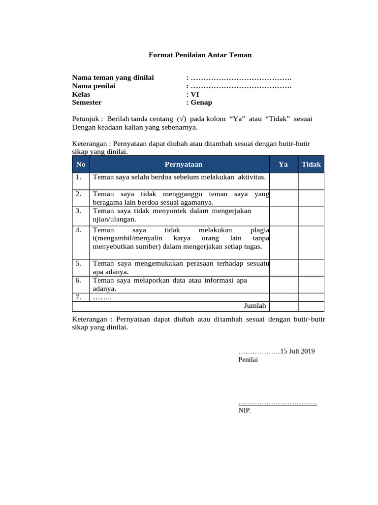 Format Penilaian Antar Teman RPP 4 | PDF