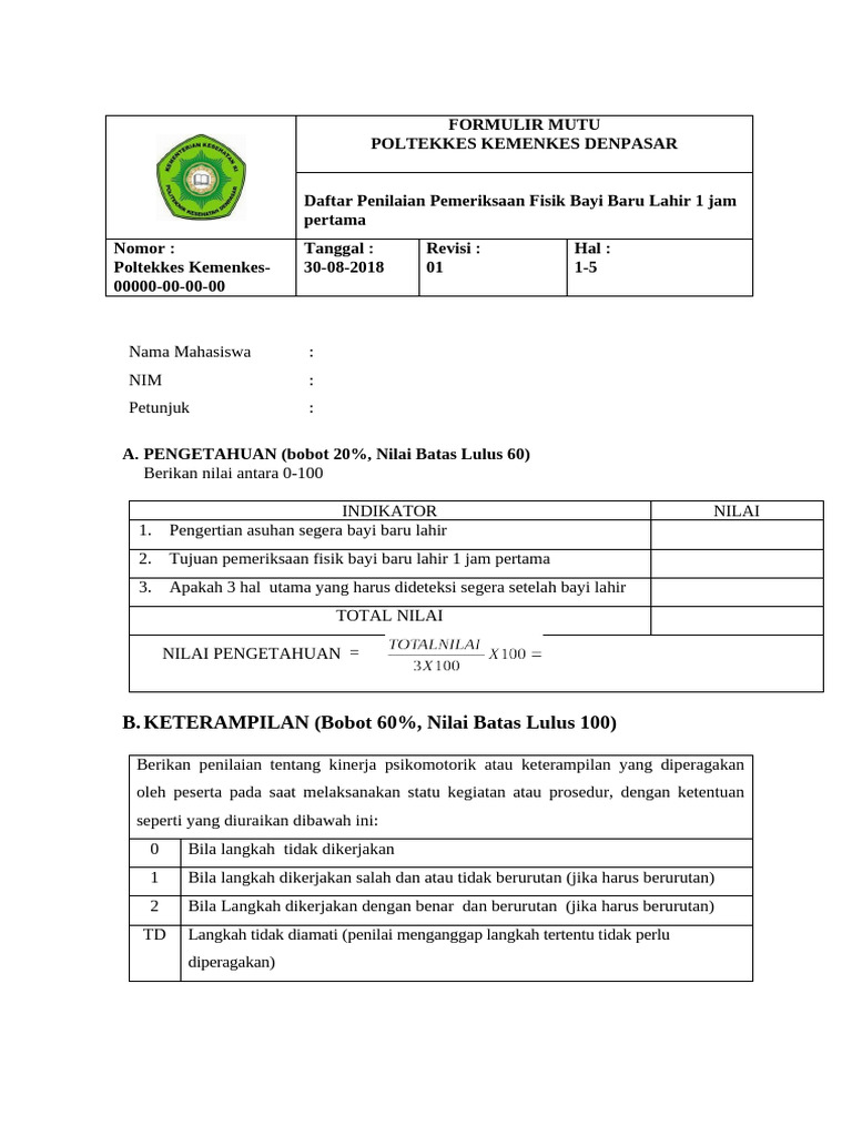 Penilaian Pemeriksaan BBL 1 Jam | PDF