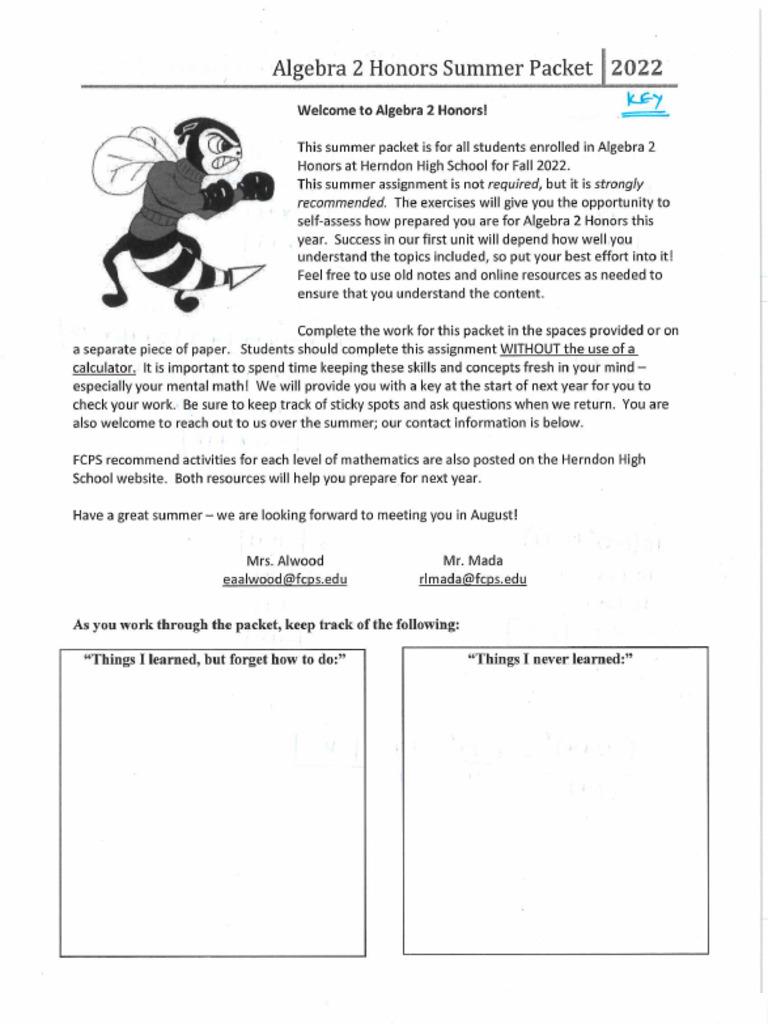 Algebra 2 HN Summer Assignment 2022 Key | PDF