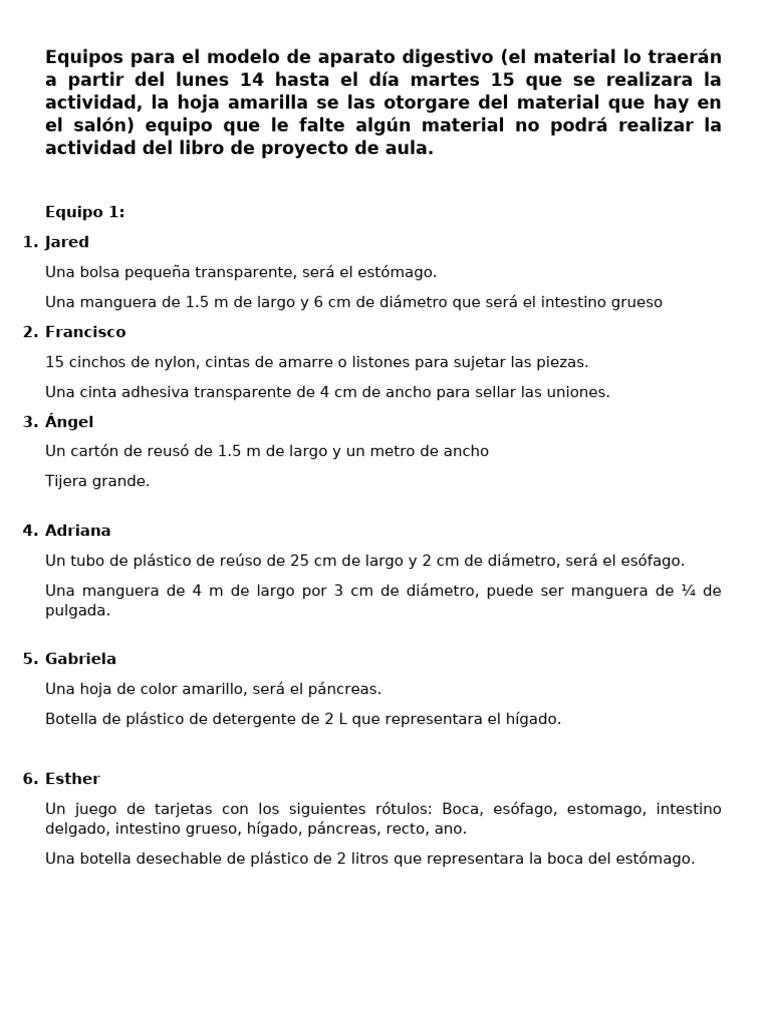 Organización de Los Equipos y Materiales Proyecto, La Comida A Traves ...