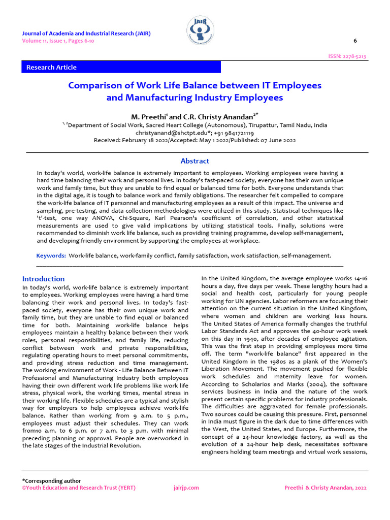 Comparison of Work Life Balance Between IT Employees Dr. Christi ...