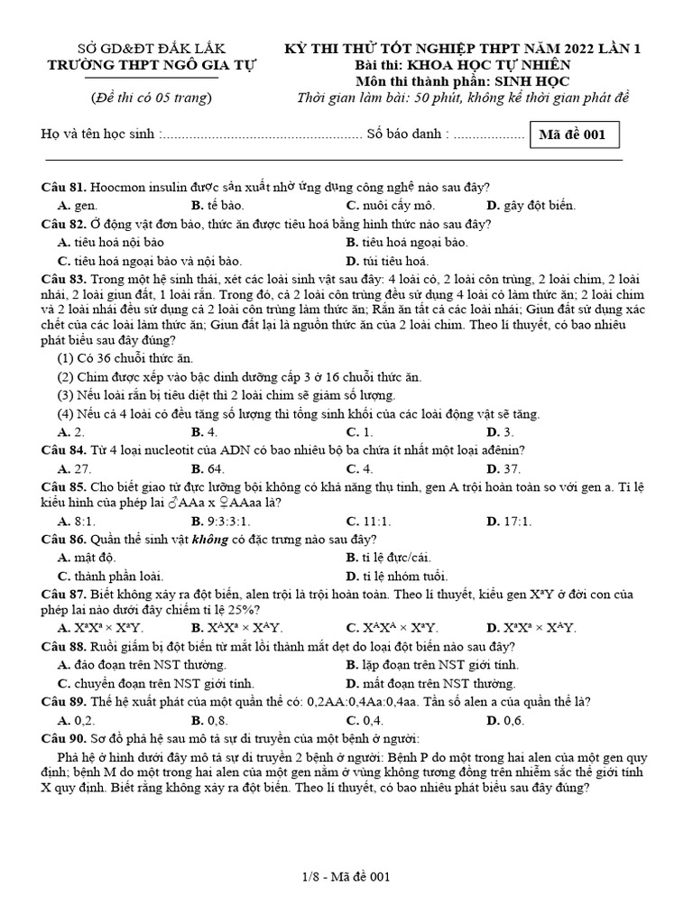 De Thi Thu THPT 222 Mon Sinh Lan 1 Ngo Gia Tu Dak Lak 1 | PDF