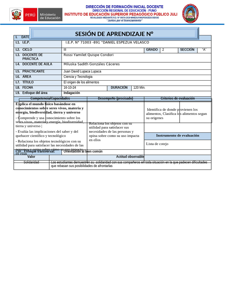 SESION de APRENDIZAJE Del CyT Origen de Los Alimentos | PDF