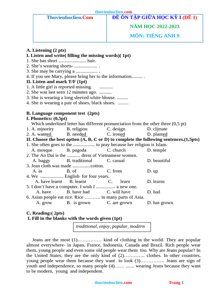 Bo de On Tap Giua HK1 Mon Tieng Anh 9 Nam 2022 2023 | PDF