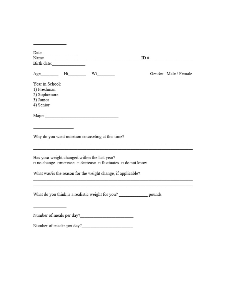Standard Nutrition Questionnaire Template | PDF
