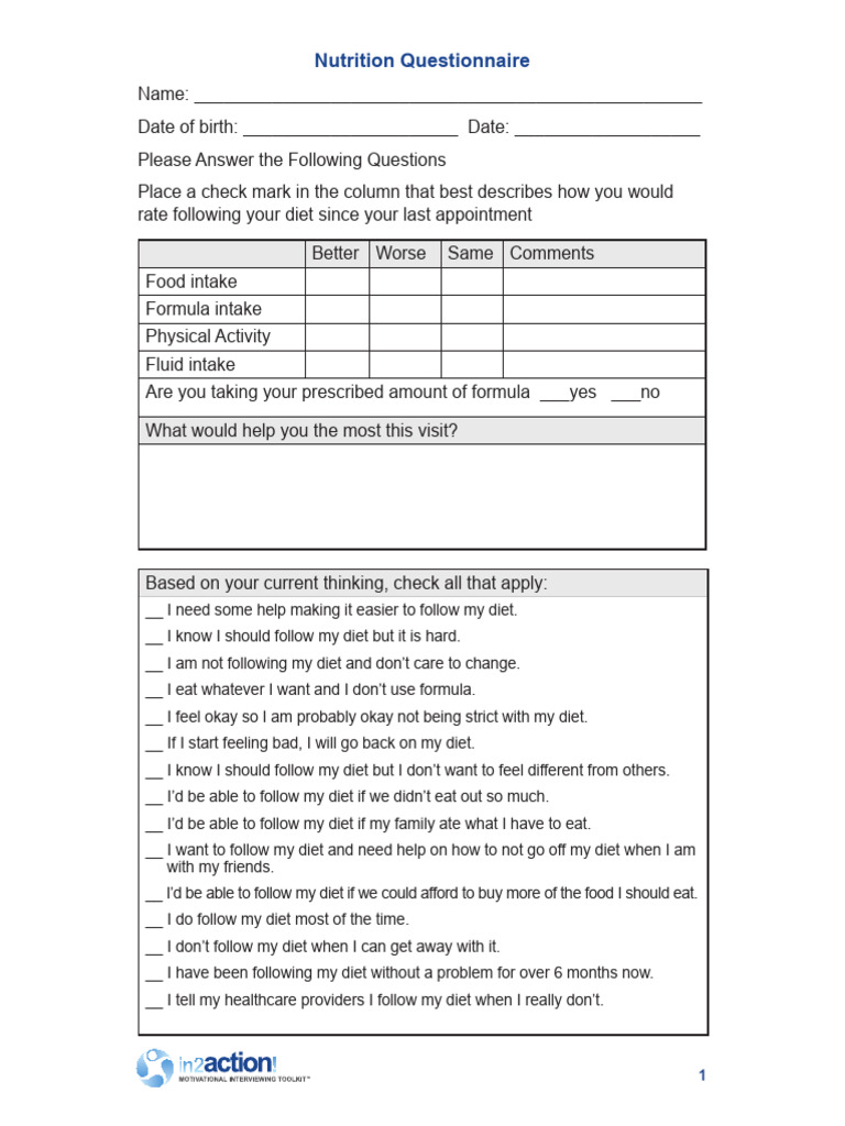Formal Nutrition Questionnaire Example | PDF