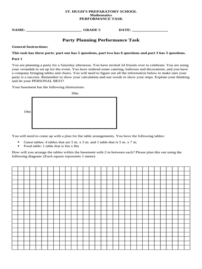 Mathematics Performance Task Planning For A Party June 2019 | PDF