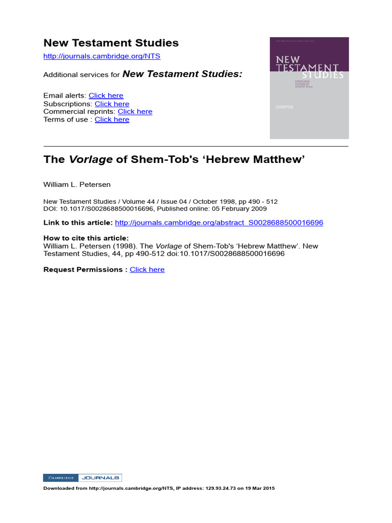 The Vorlage of Shem-Tob's Hebrew Matthew' | PDF