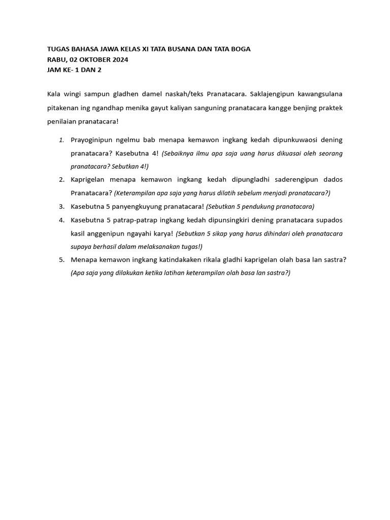 Tugas Bahasa Jawa Kelas Xi Tata Busana Dan Tata Boga 2 Okt | PDF