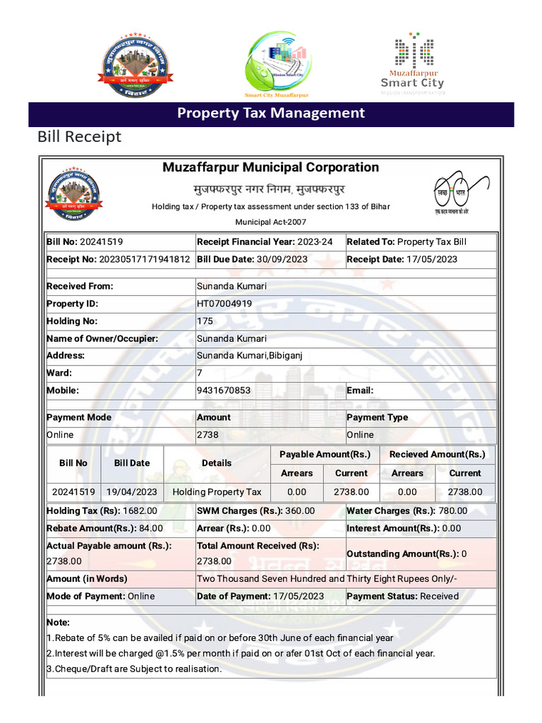 Muzaffarpur Property Tax Payment Receipt | PDF