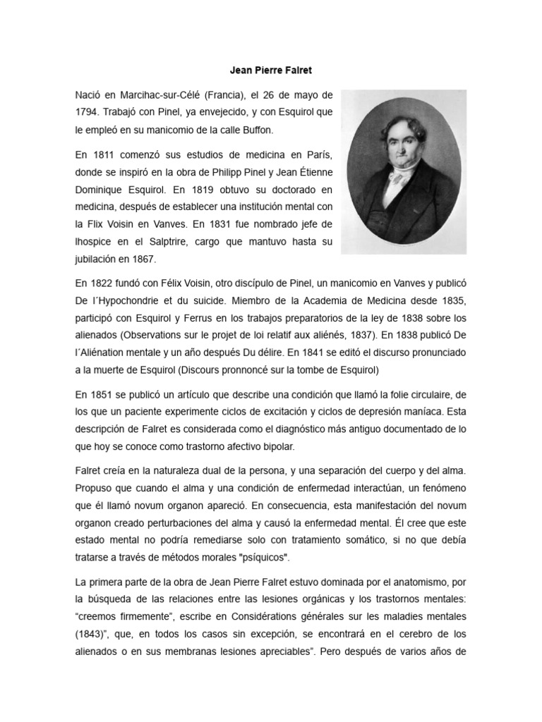Trabajo Grupal. Jean Pierre Falret y Wilhelm Griesinger | PDF