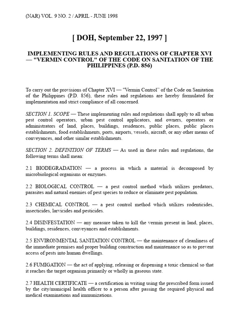 IRR PD 856 Chap XVI - Vermin Control | PDF
