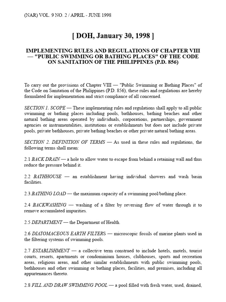 IRR PD 856 Chap VIII - Public Swimming or Bathing Place | PDF