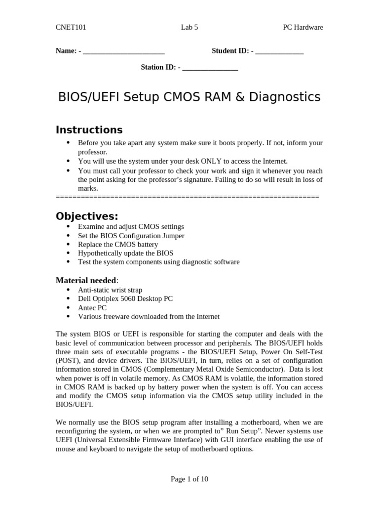 LAB 5 - BIOS-UEFI Setup, CMOS RAM, and Diagnostics | PDF
