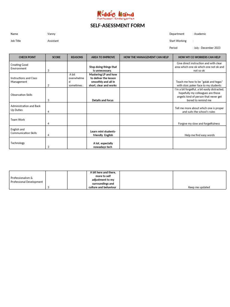 Self Assessment Form Vanny | PDF