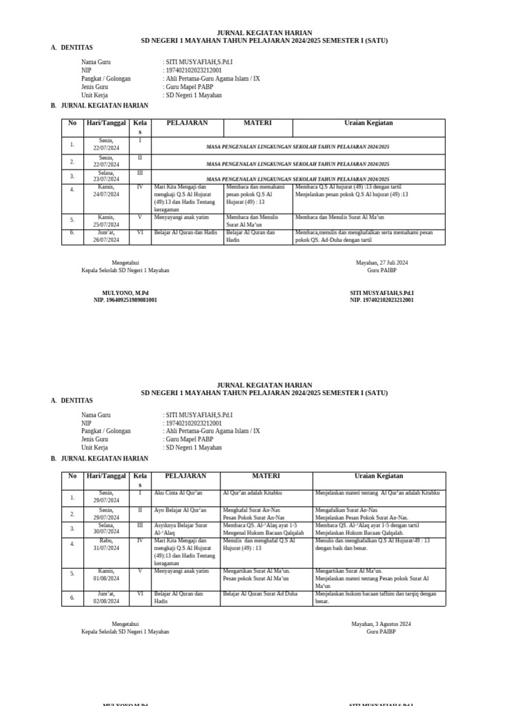 Jurnal Pai KBM Bu Musyafiah (Juli - September 2024) | PDF