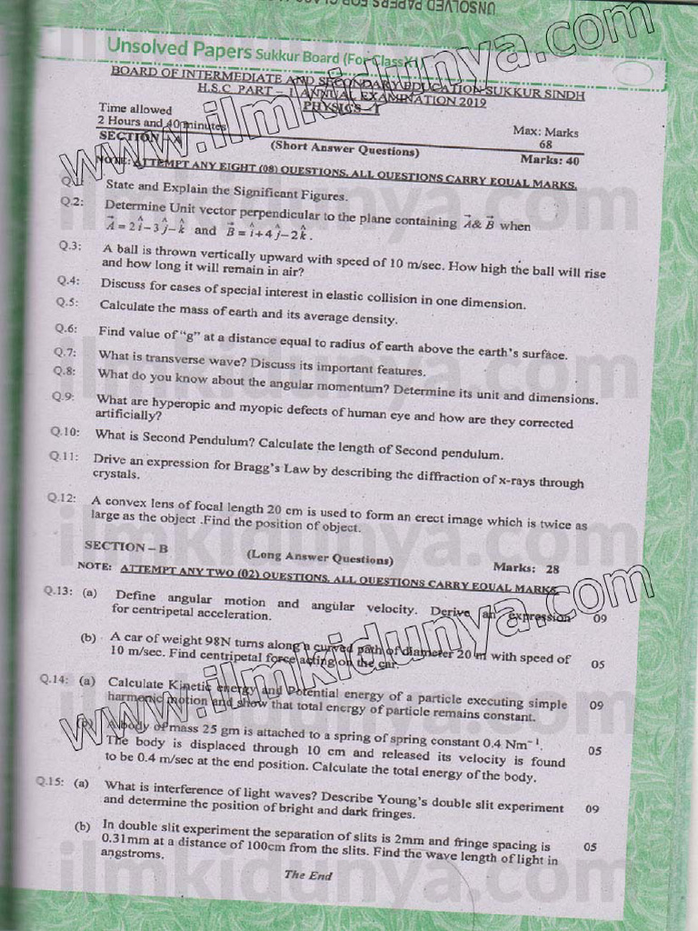 Past Paper 2019 Sukkur Board Inter Part I Physics Subjective English Medium | PDF
