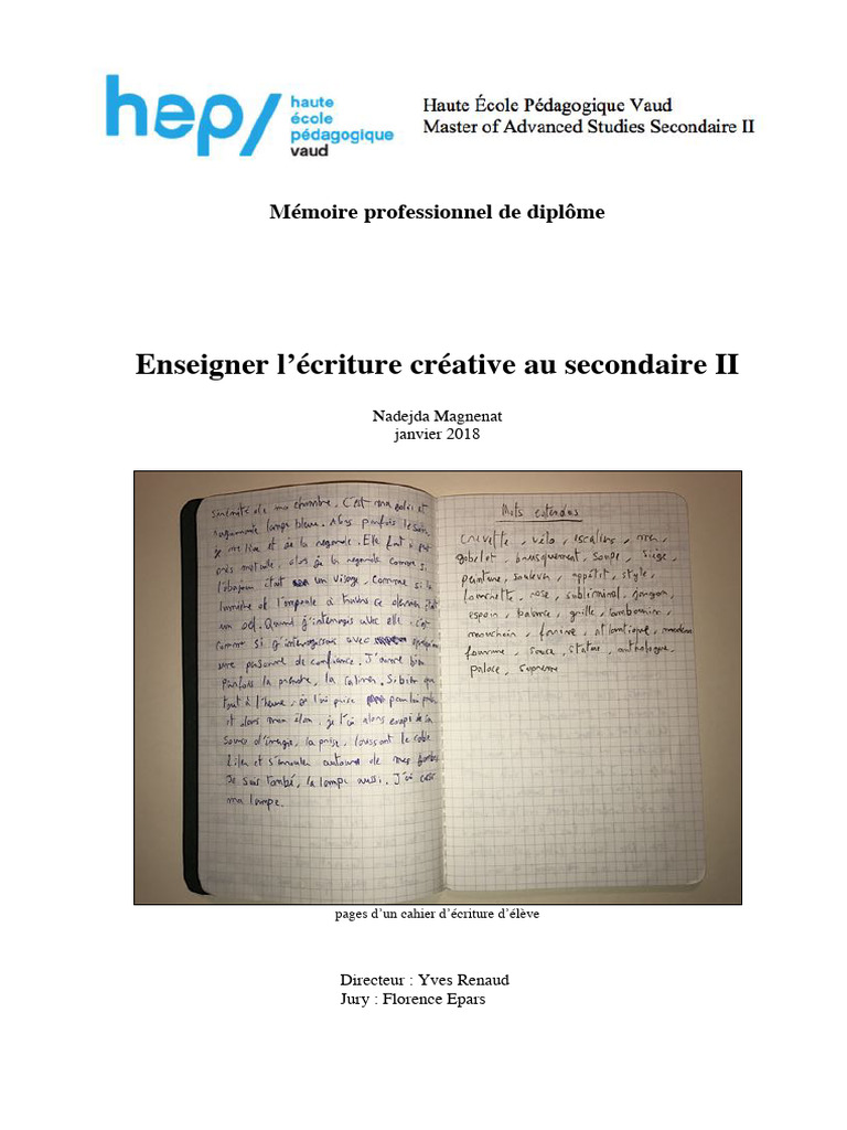 Enseigner L'écriture Créative Au Secondaire II: Mémoire Professionnel ...