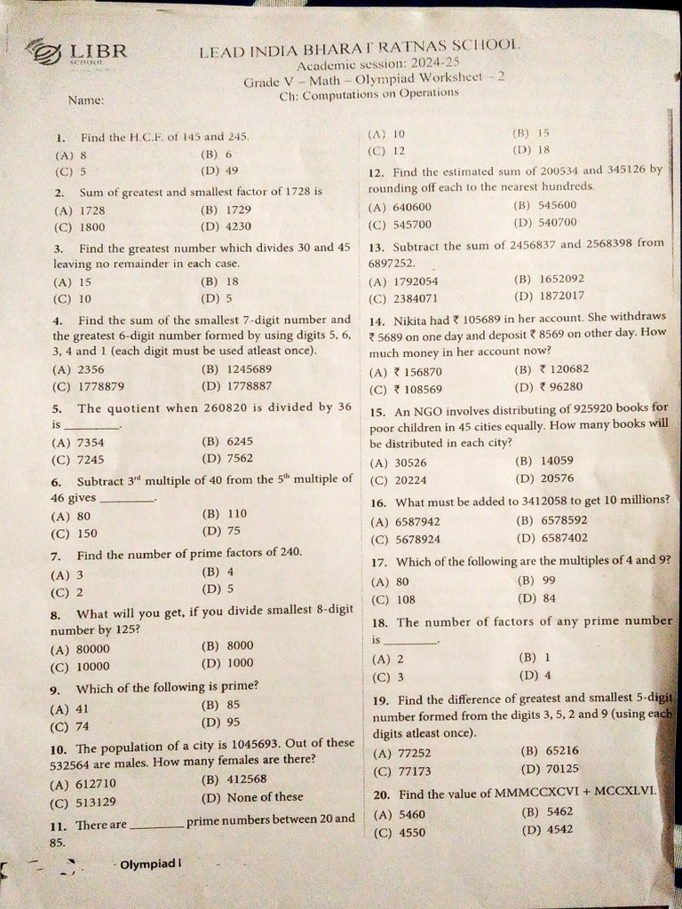 Grade 5 Worksheet | PDF